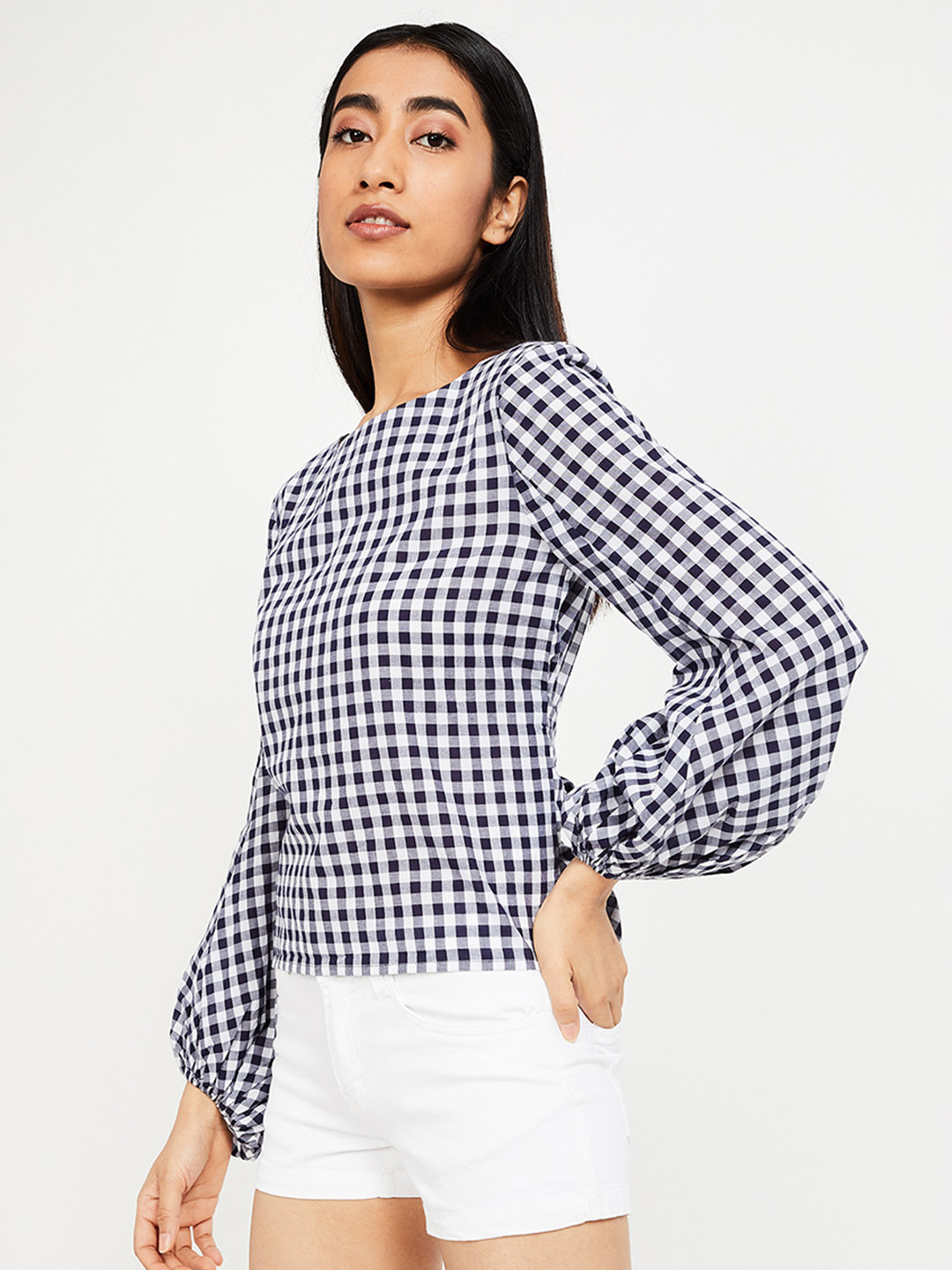 Buy Ginger By Lifestyle Women Navy Blue Checked Pure Cotton Top - Tops ...
