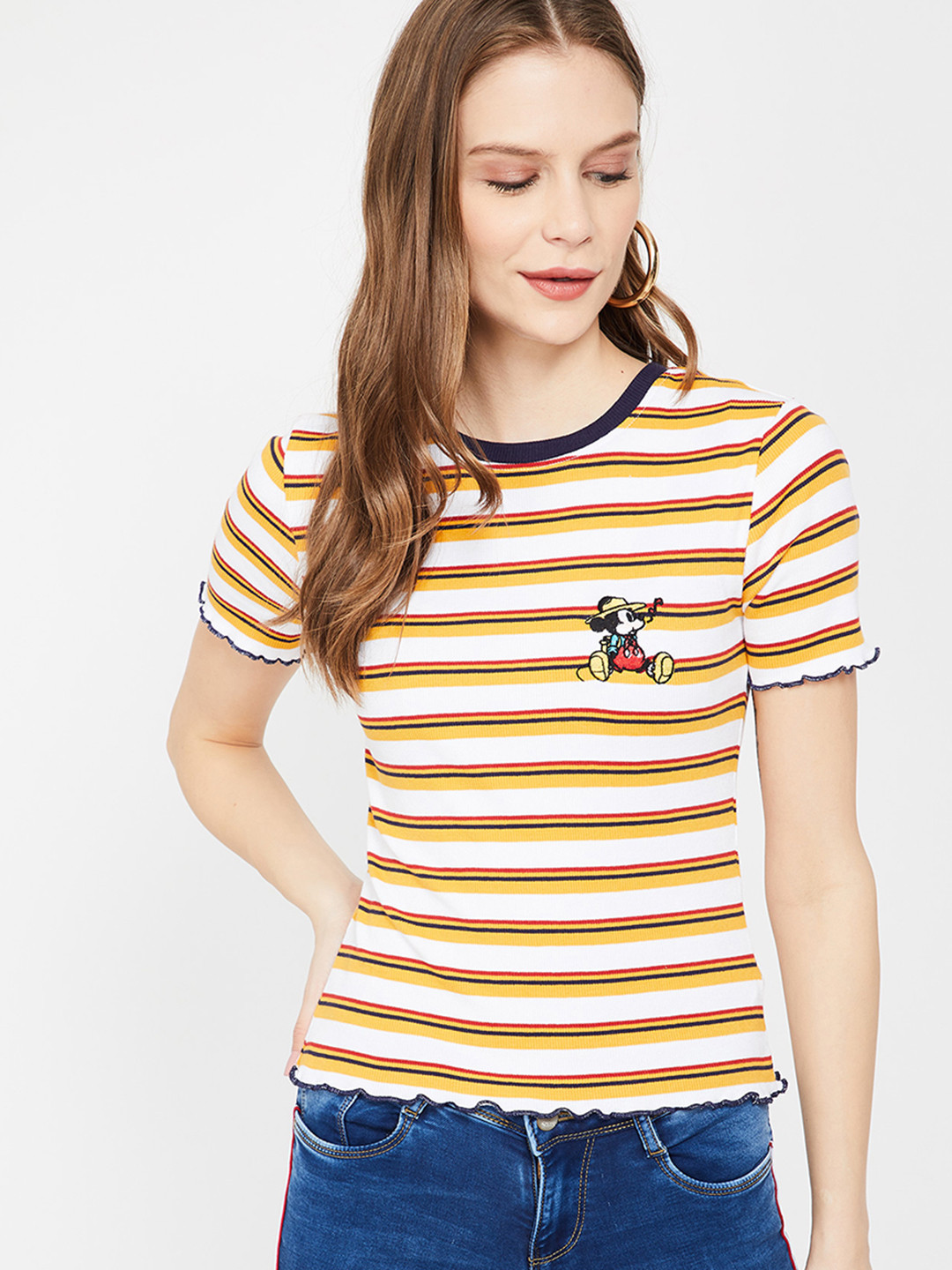 Buy Ginger By Lifestyle Women White & Mustard Yellow Striped Round Neck ...