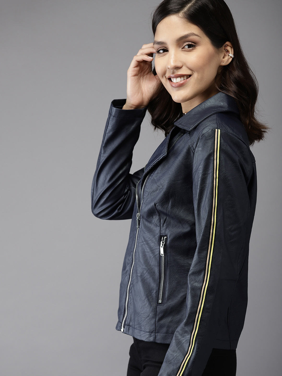 Buy HERE&NOW Women Navy Blue Solid Jacket - Jackets for Women 10177957 ...