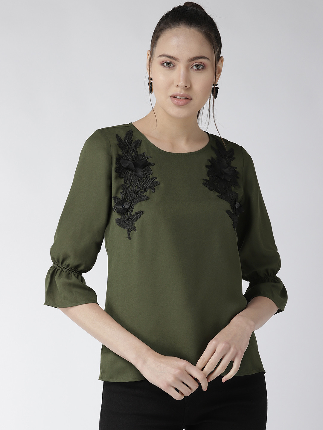 Buy Style Quotient Women Olive Green Solid Top With Applique Detail ...