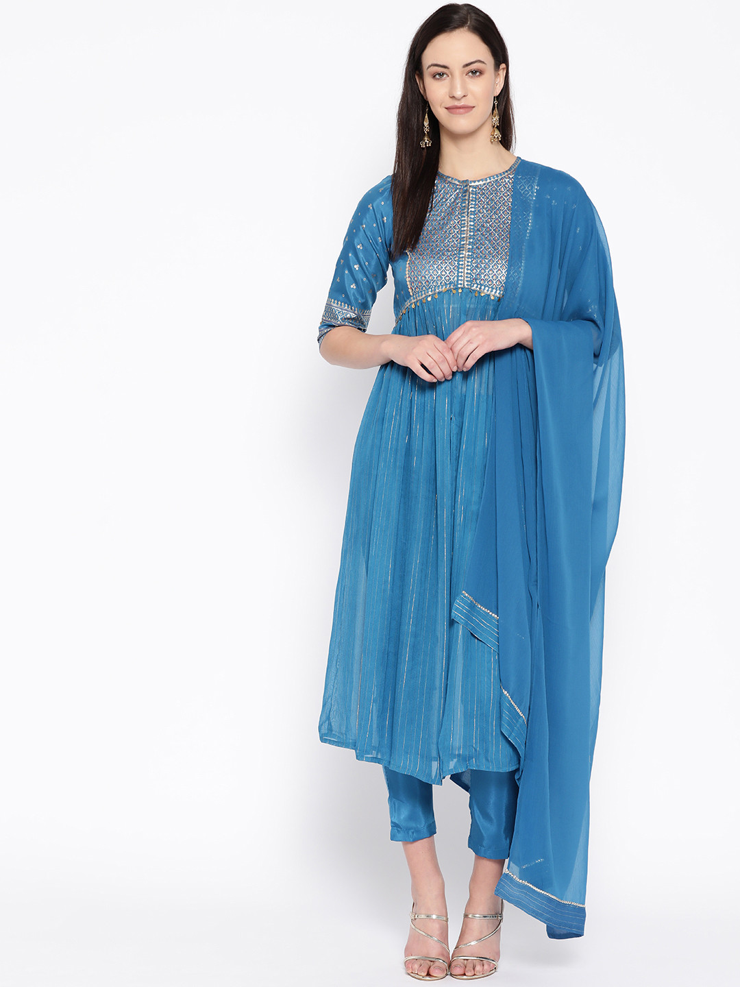 Buy AURELIA Women Blue & Golden Yoke Design Semi Sheer Kurta With ...