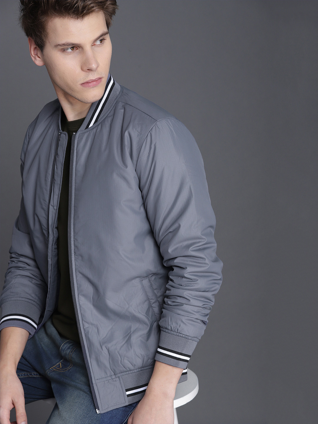Buy WROGN Men Grey Solid Bomber Jacket - Jackets for Men 10187155 | Myntra