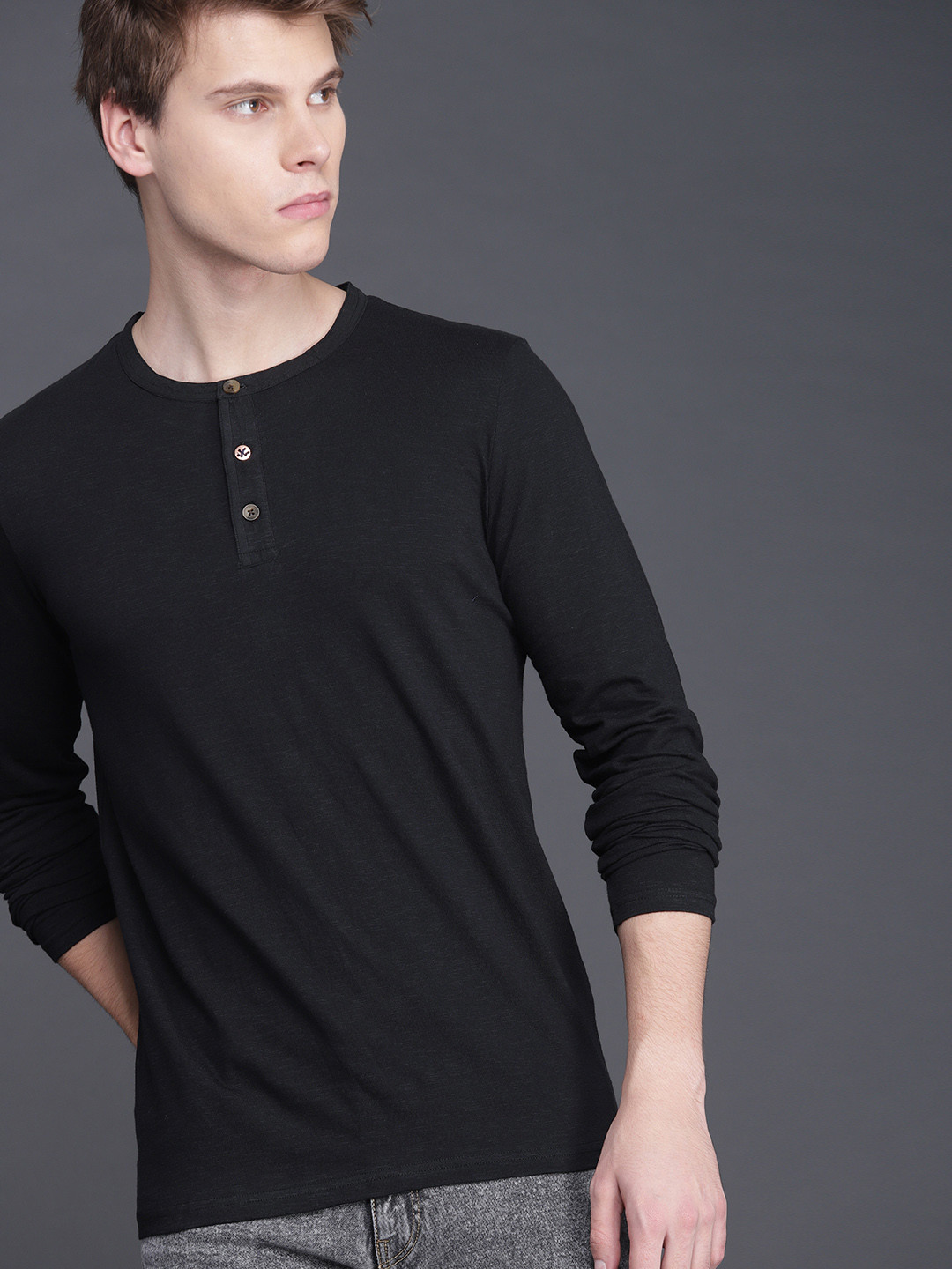 Buy WROGN Men Black Slim Fit Solid Henley Neck Pure Cotton T Shirt ...