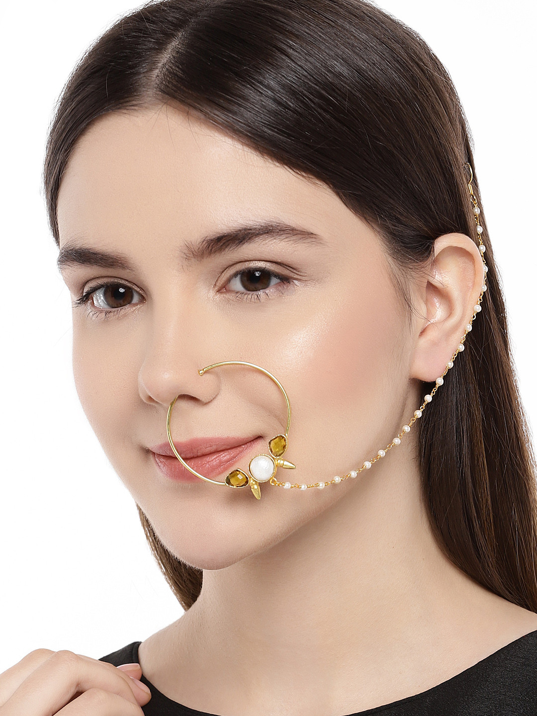 Buy AccessHer Gold Toned Stone Nose Ring With Chain - Nosepin for Women ...