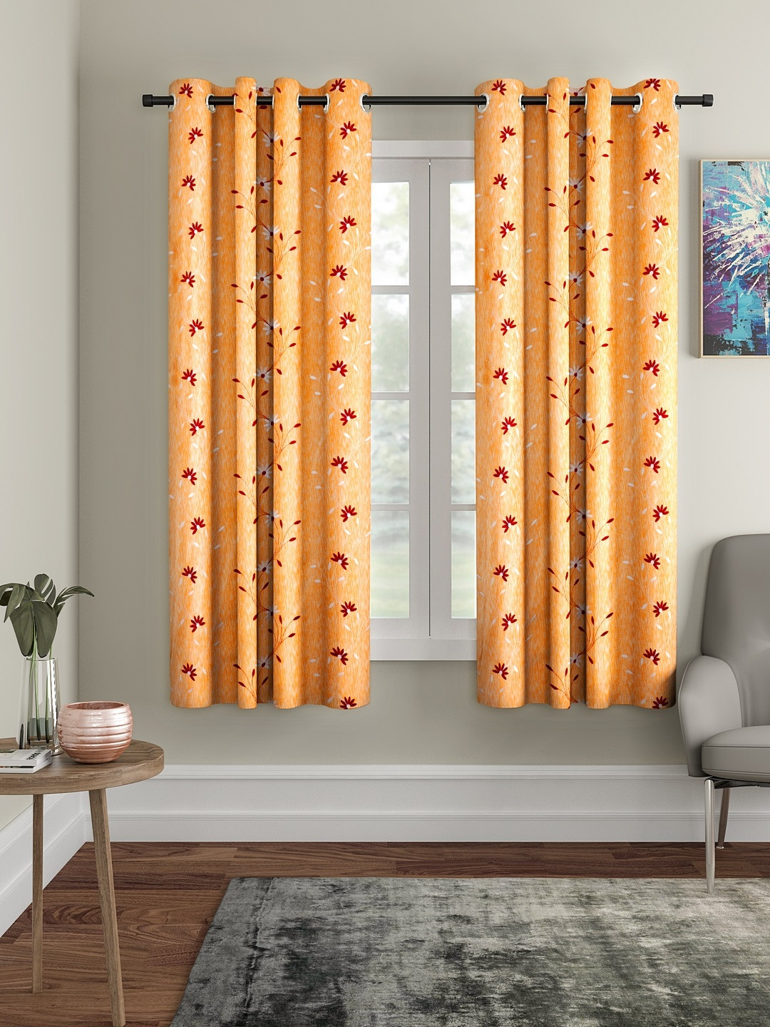 Buy Cortina Orange Set Of 2 Printed Room Darkening Window Curtains ...