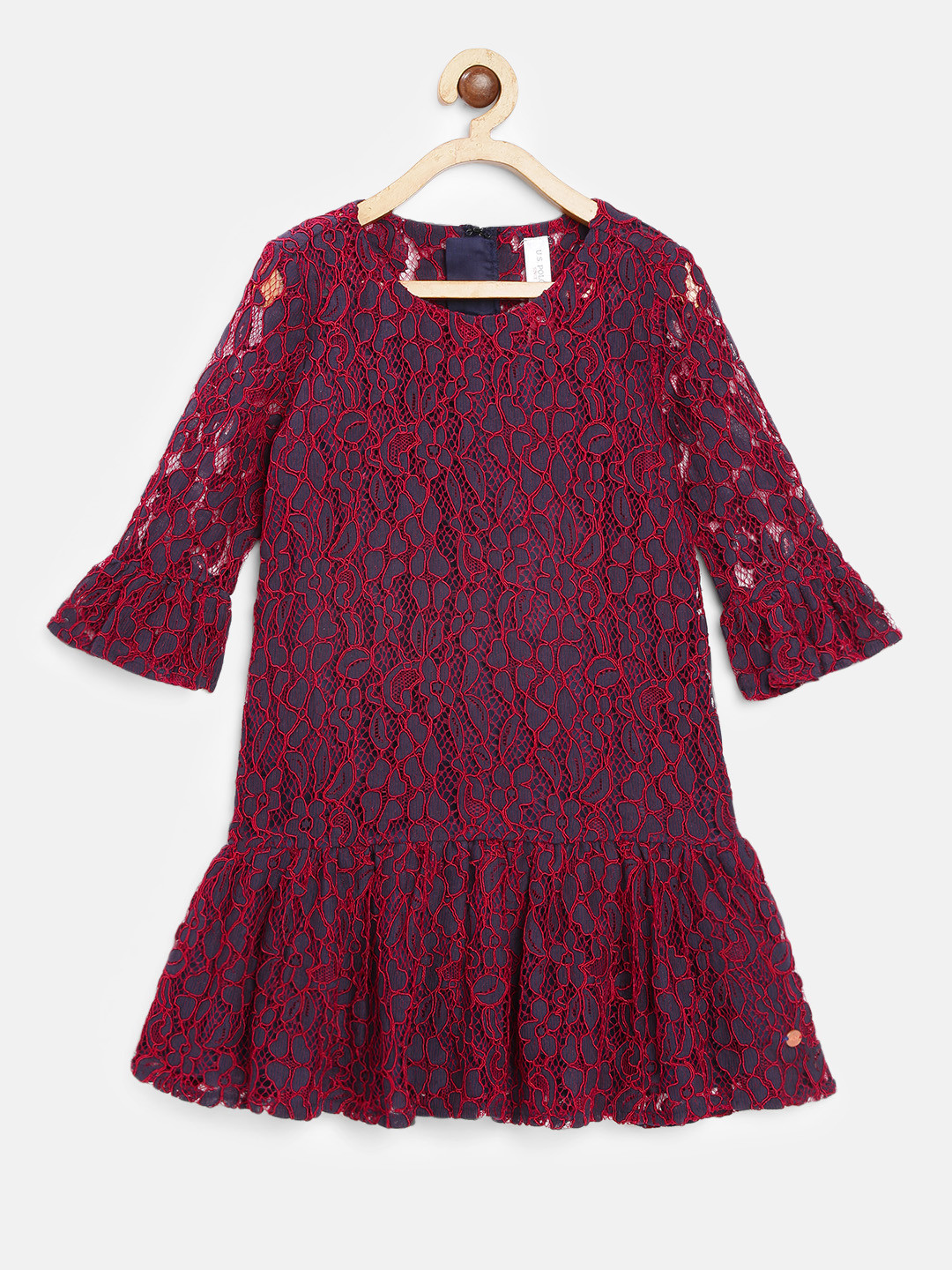 Buy U.S. Polo Assn. Kids Girls Navy Blue & Burgundy Self Design Drop ...