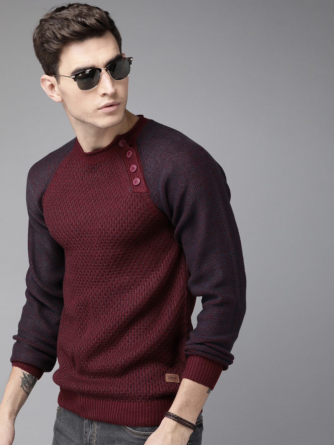Buy The Roadster Lifestyle Co Men Maroon Self Design Sweater - Sweaters ...