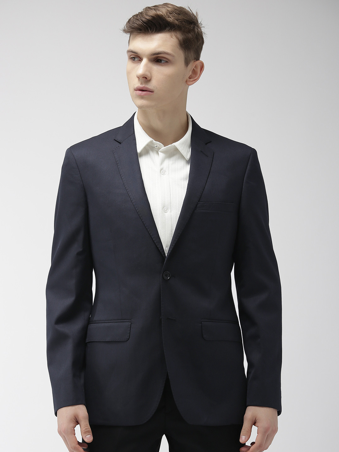 Buy Raymond Men Blue Solid Single Breasted Slim Fit Formal Blazer ...