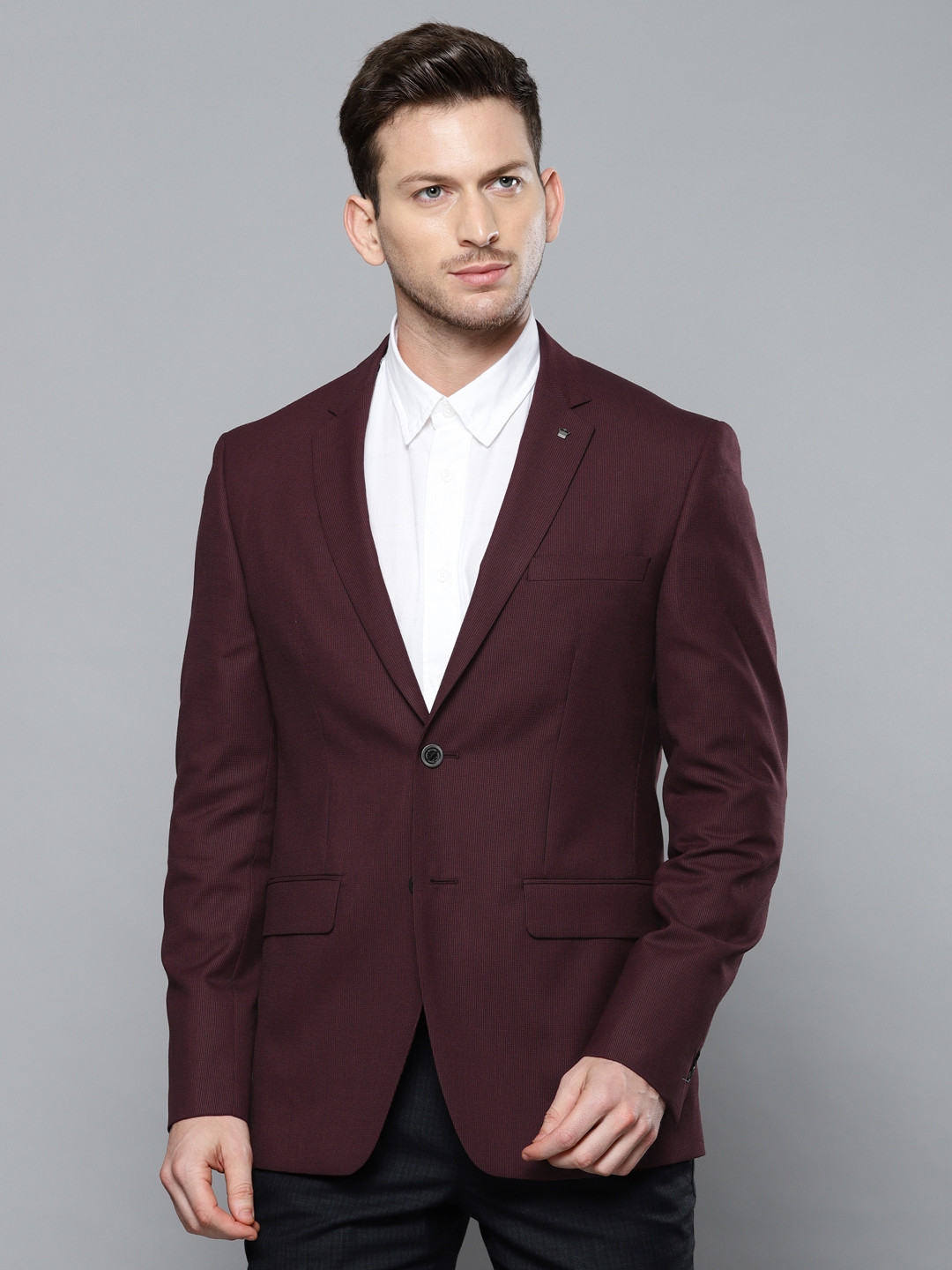 Buy Louis Philippe Maroon Self Design Slim Fit Single Breasted Formal ...
