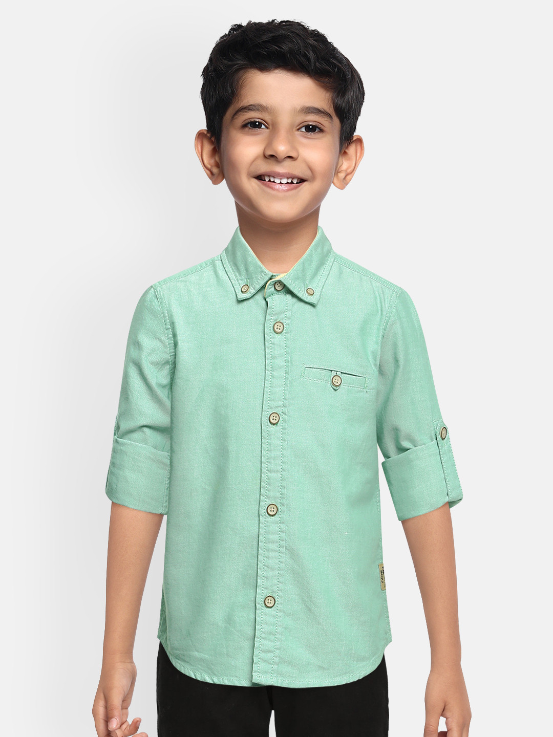 Buy Flying Machine Boys Green Regular Fit Solid Pure Cotton Casual ...