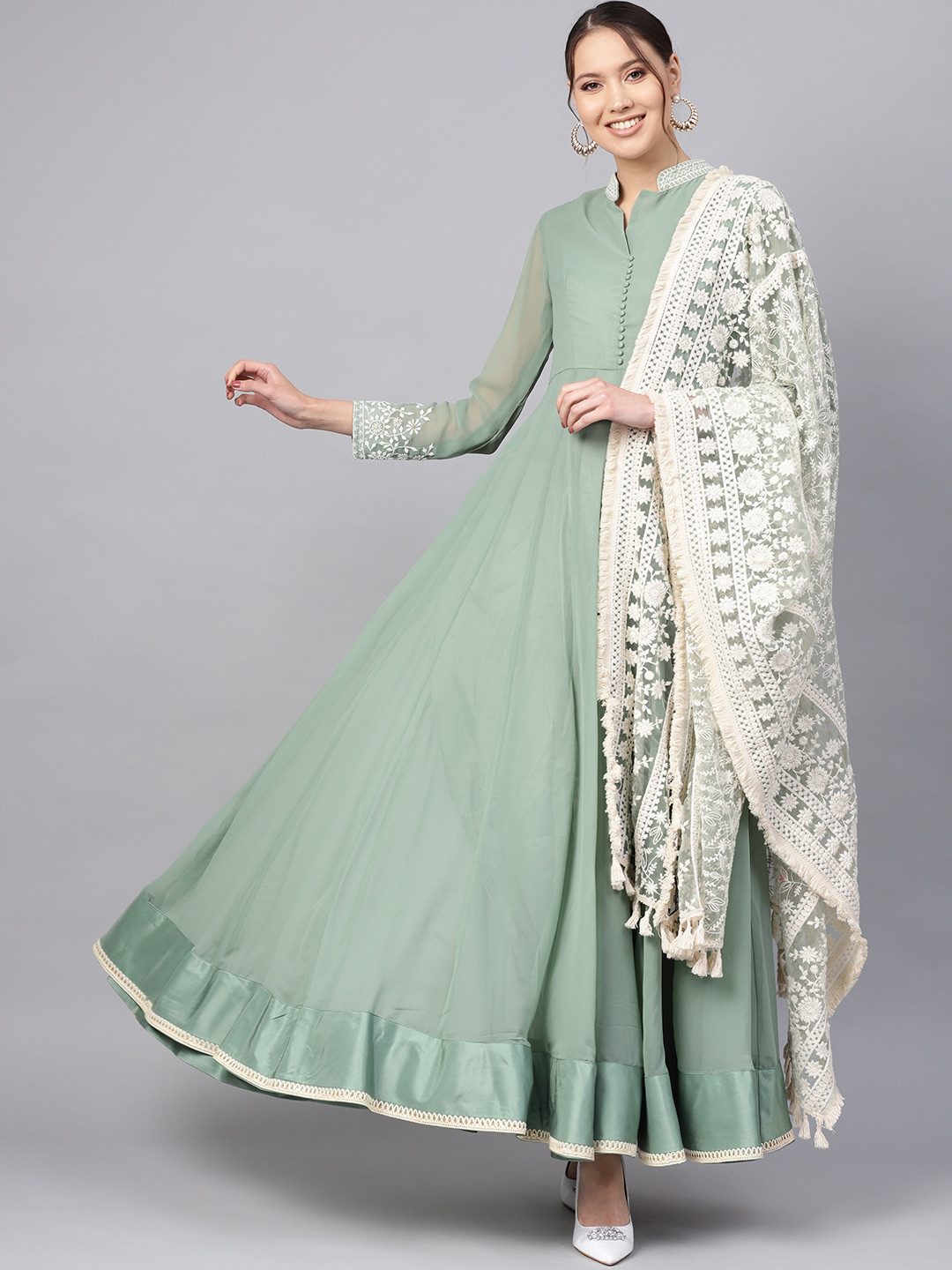 Buy Inddus Women Green Solid Anarkali Kurta With Dupatta - Kurtas for ...