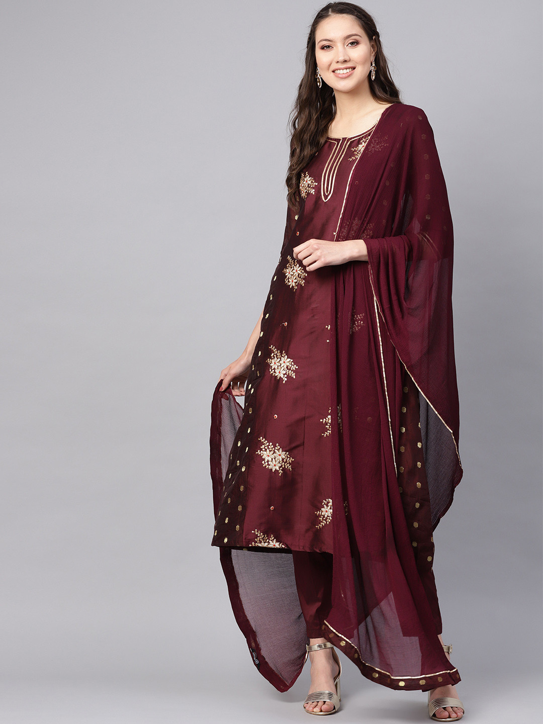 Buy Inddus Women Burgundy & Golden Embroidered Kurta With Trousers ...