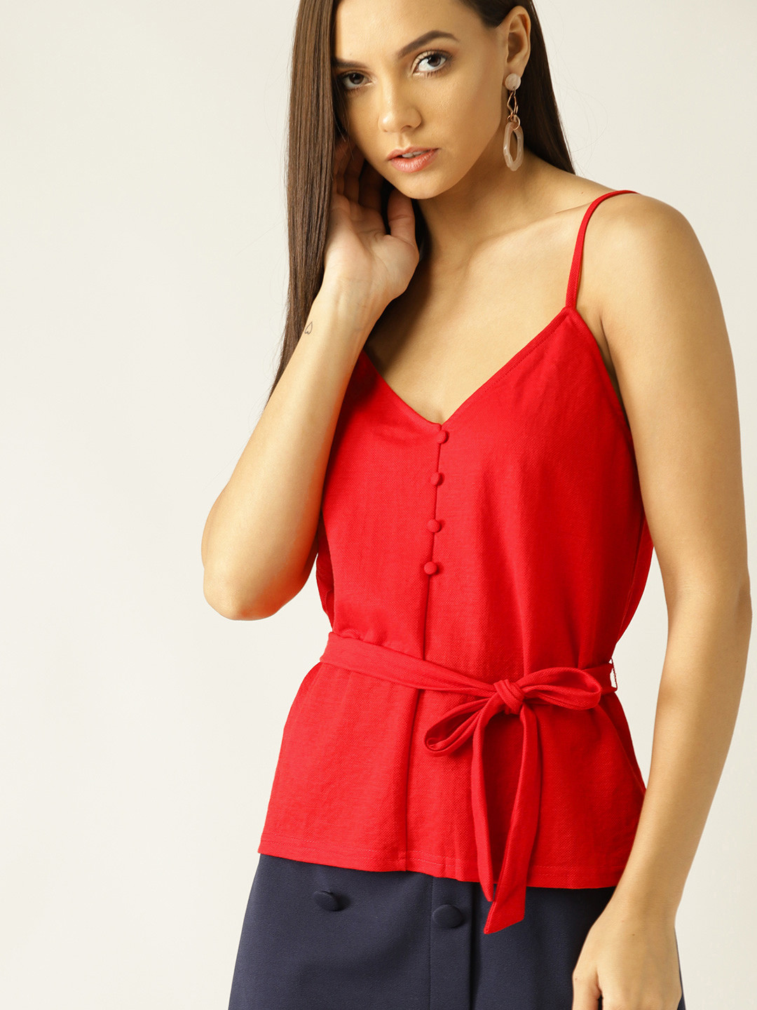 Buy MANGO Women Red Solid Cinched Waist Top - Tops for Women 10258669 ...