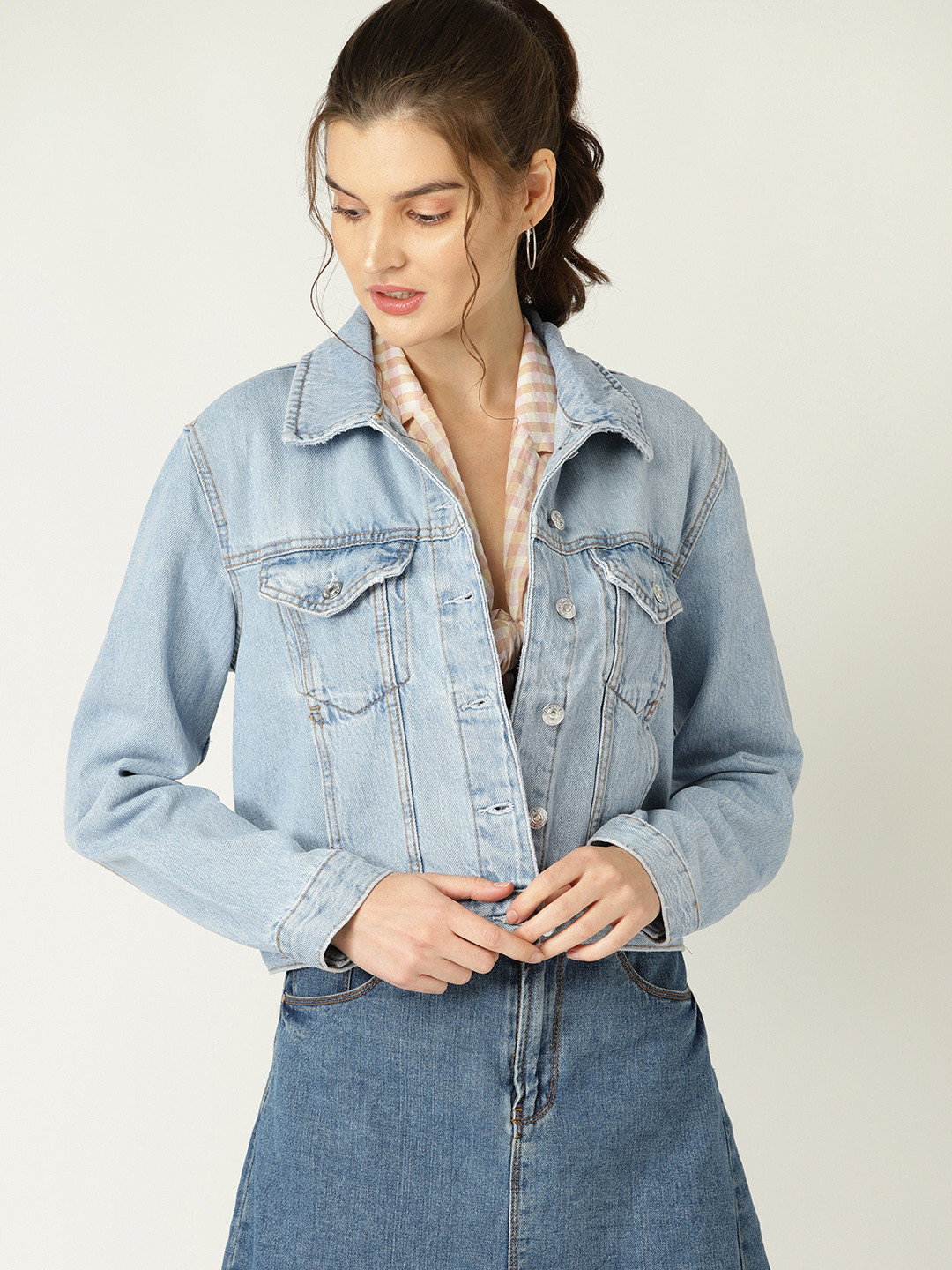 Buy MANGO Women Blue Solid Denim Jacket - Jackets for Women 10258725 ...