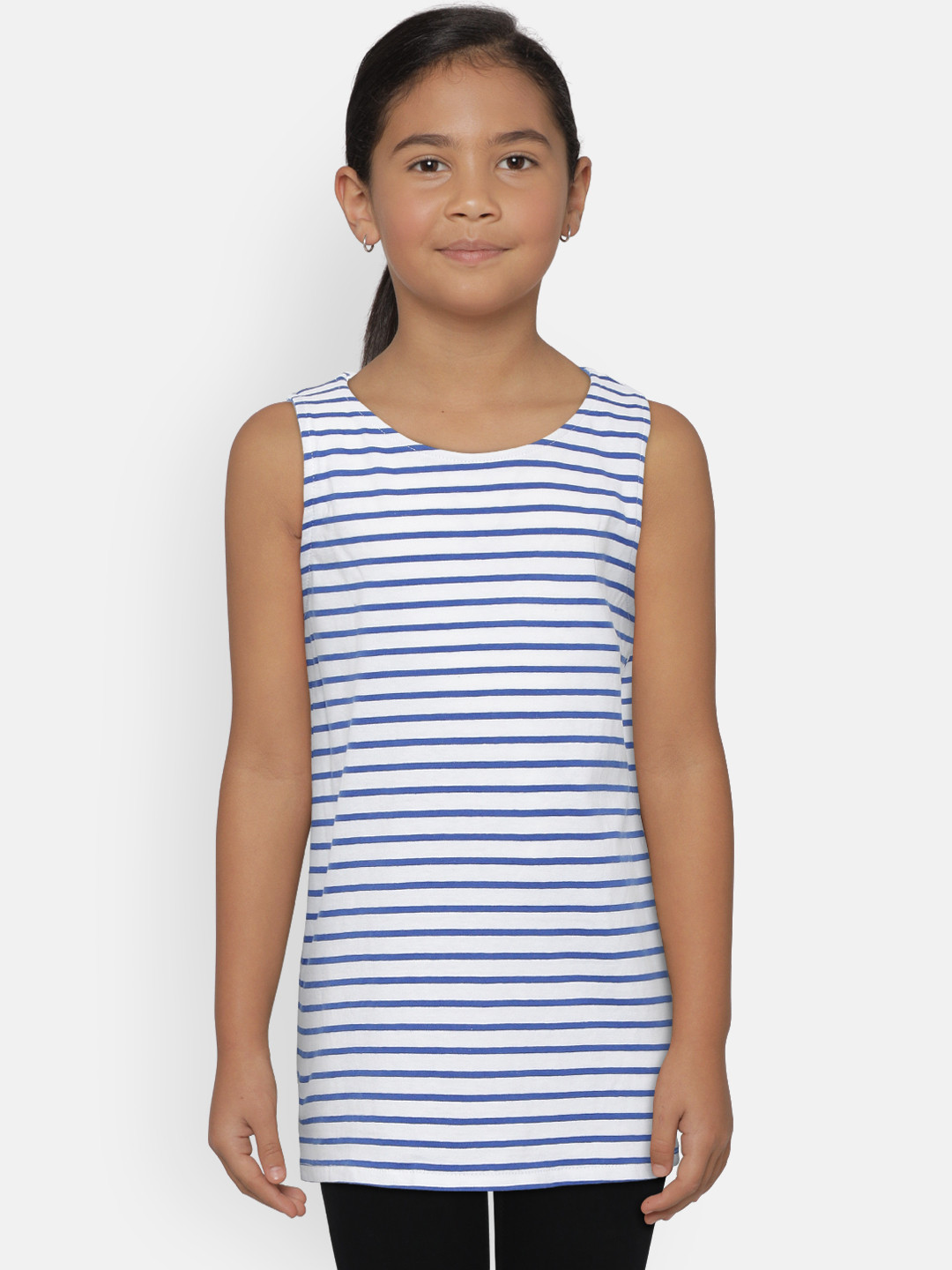 Buy Mango Kids Girls White & Navy Blue Striped Styled Back Pure Cotton ...