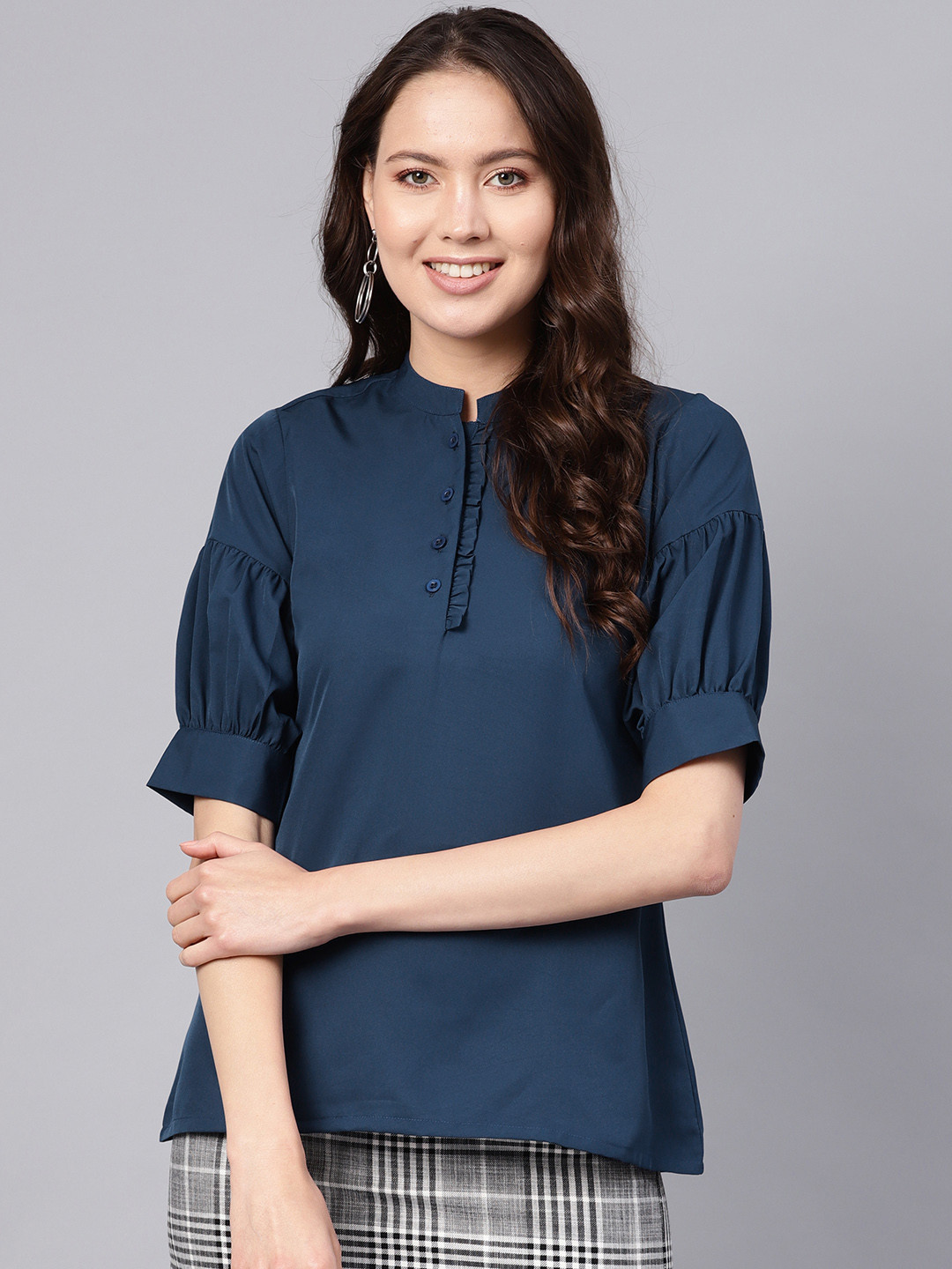 Buy Ives Women Navy Blue Solid Shirt Style Top - Tops for Women ...