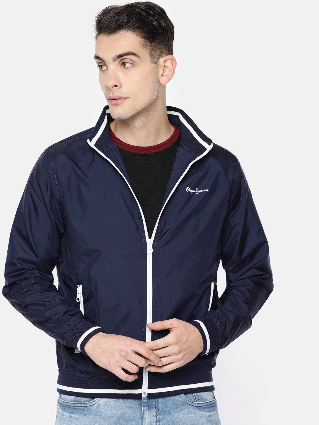 Buy Pepe Jeans Men Navy Blue Solid Varsity Jacket - Jackets for Men ...
