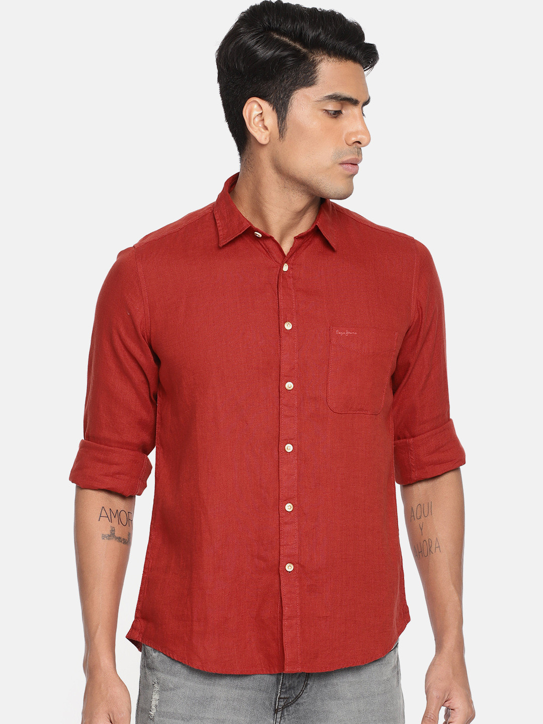 Buy Pepe Jeans Men Rust Red Regular Fit Solid Casual Linen Shirt ...