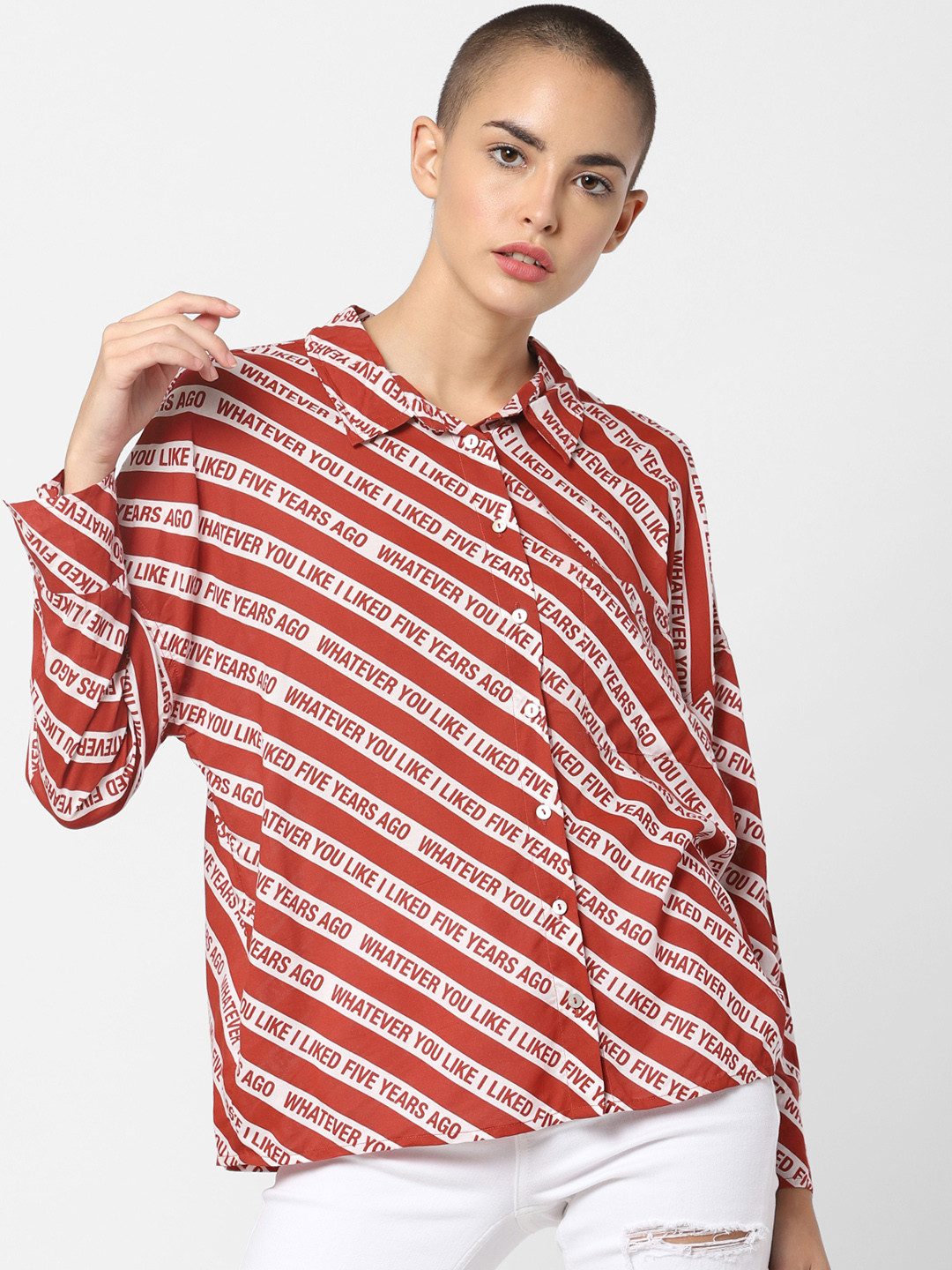 Buy ONLY Women Red & White Regular Fit Printed Casual Shirt - Shirts ...