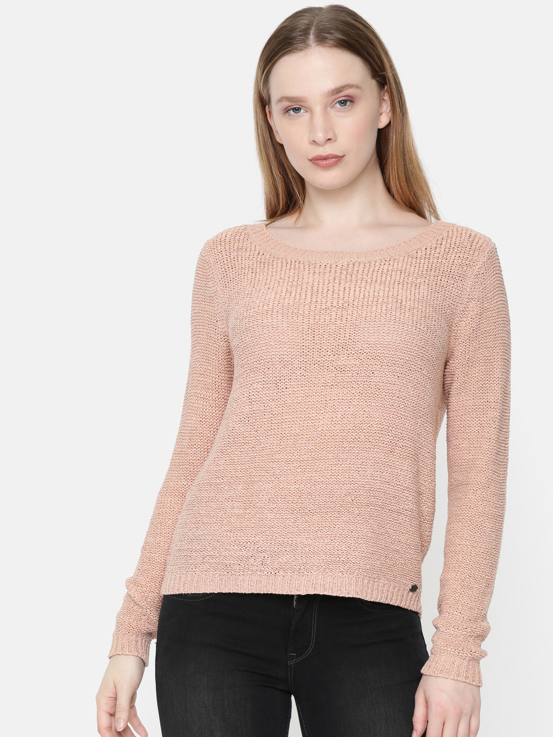 Buy ONLY Women Peach Coloured Solid Sweater - Sweaters for Women ...