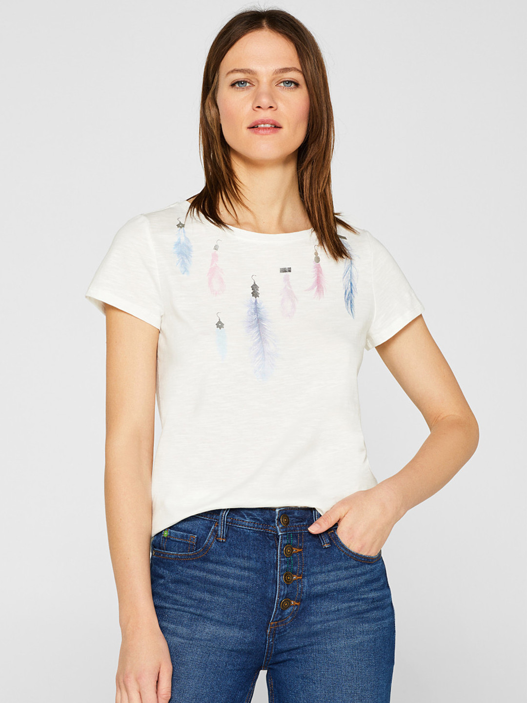 Buy ESPRIT Women Off White Printed Round Neck T Shirt - Tshirts for ...