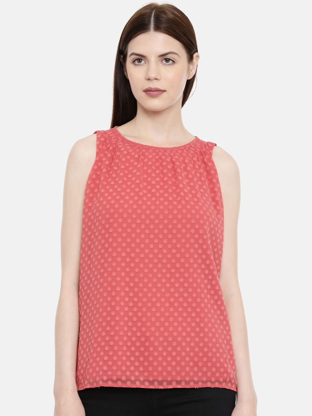 Buy Vero Moda Women Coral Pink Self Design Top - Tops for Women ...