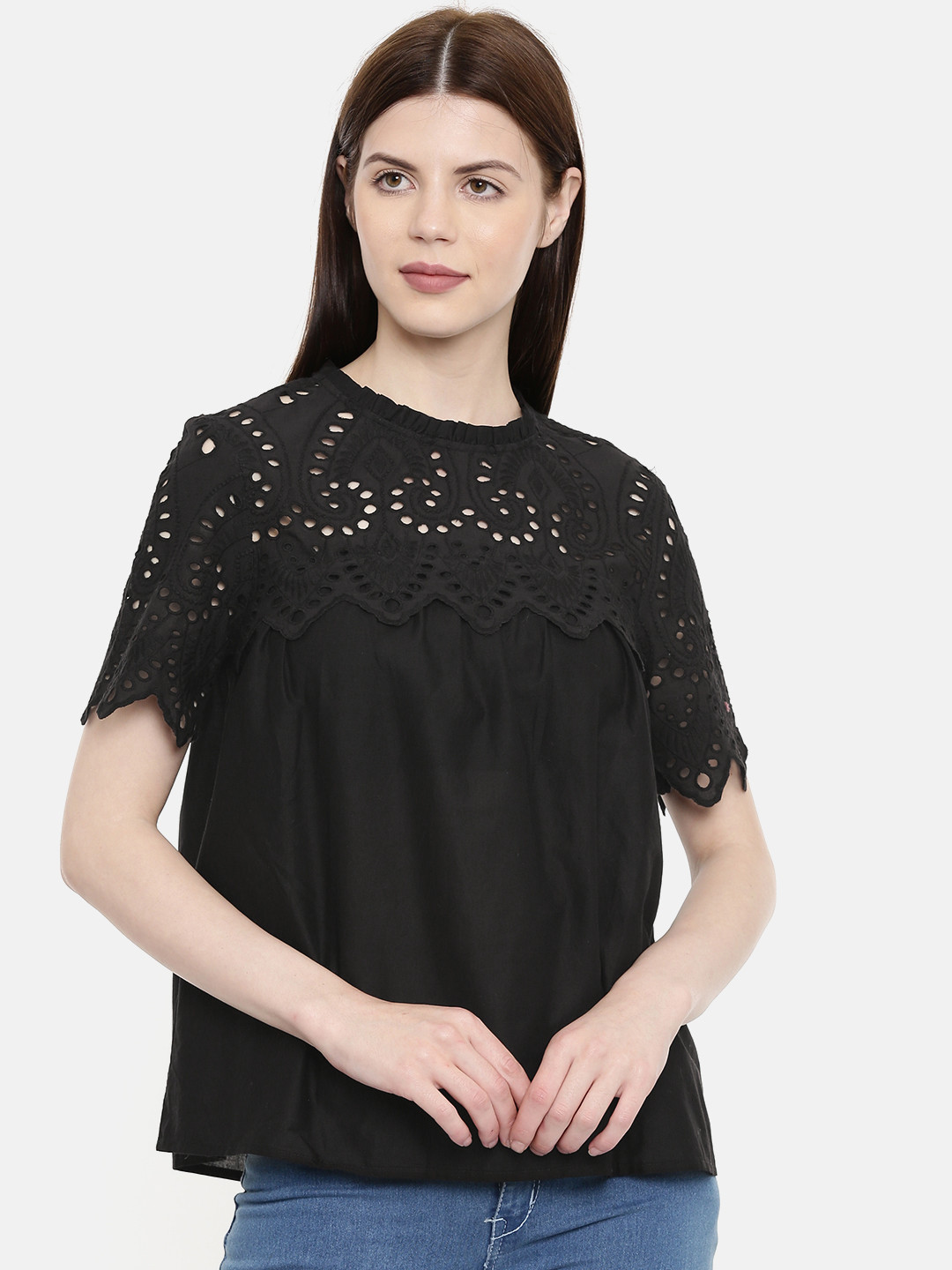Buy Vero Moda Women Black Solid Boxy Pure Cotton Top With Lace Detail ...