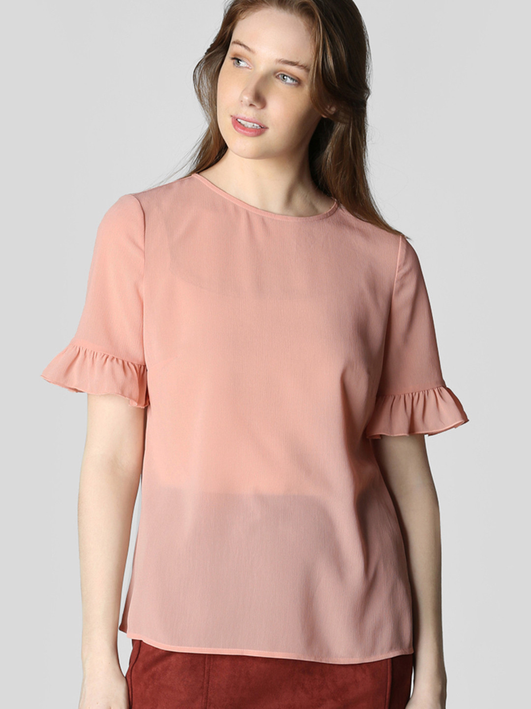 Buy Vero Moda Women Peach Coloured Solid Regular Top - Tops for Women ...