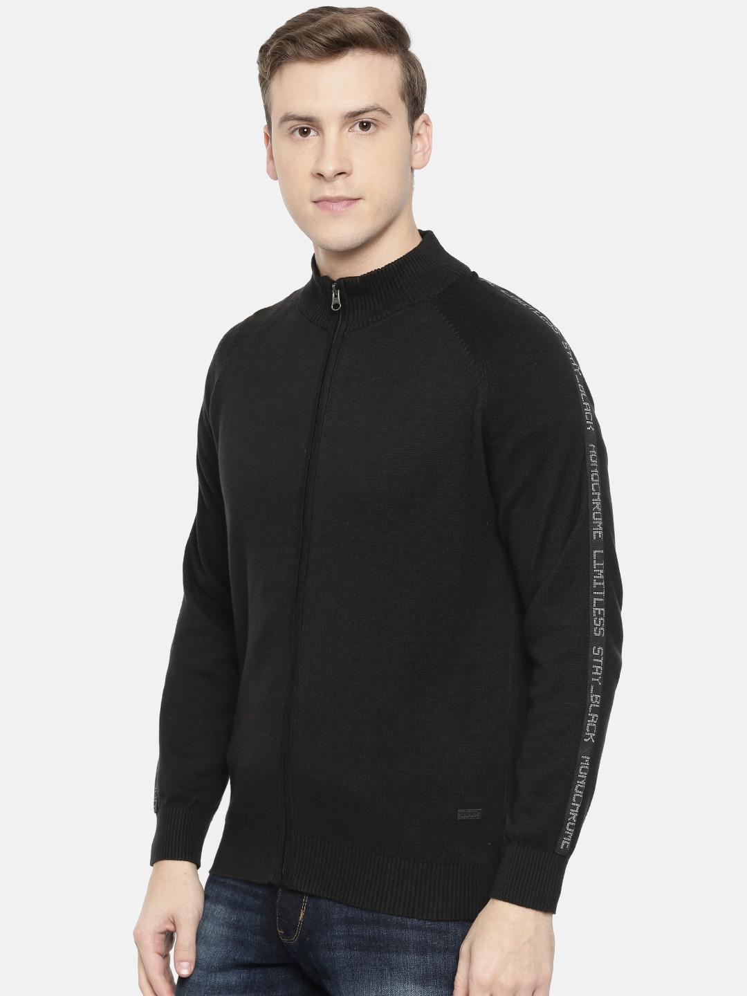 Buy Wrangler Men Black Solid Front Open Sweater With Printed Details ...