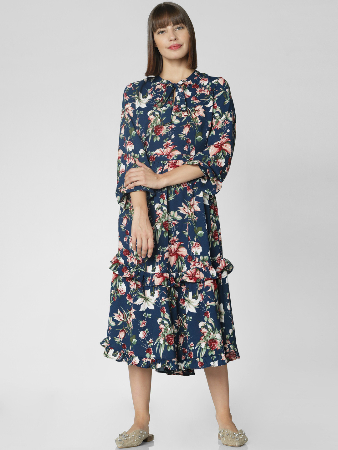 Buy Vero Moda Women Blue & Pink Floral Print Fit And Flare Dress ...