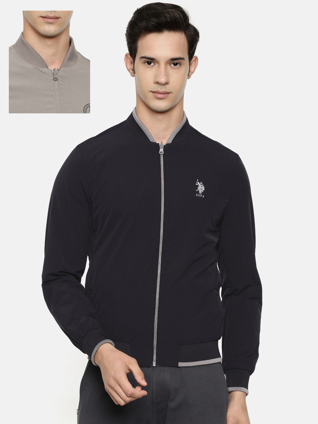 Buy U.S. Polo Assn. Men Navy Blue Solid Reversible Bomber Jacket ...
