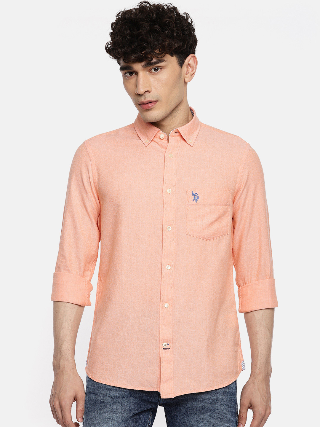 Buy U.S. Polo Assn. Men Peach Coloured Tailored Fit Solid Casual Shirt ...