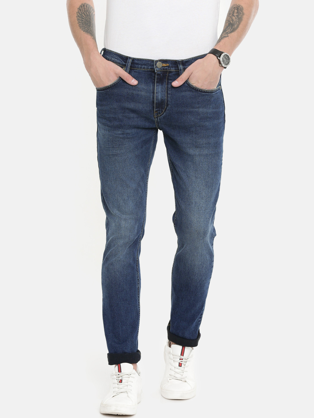 Buy Lee Men Navy Blue Bruce Skinny Fit Mid Rise Clean Look Stretchable ...