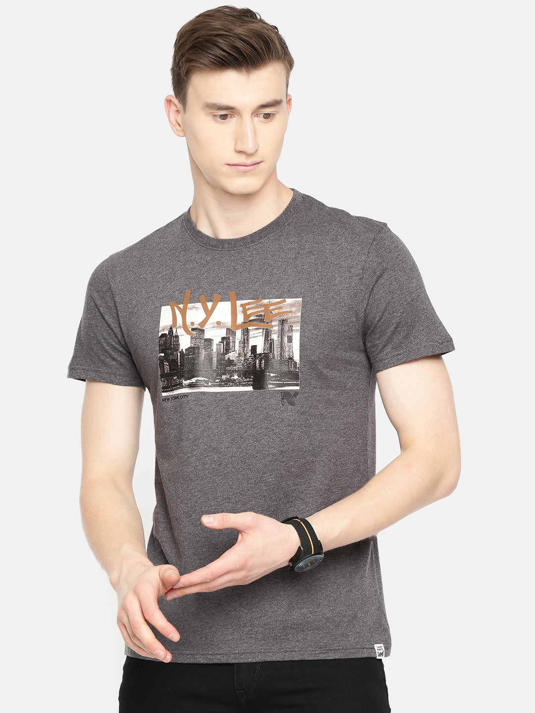 Buy Lee Men Grey Printed Slim Fit Round Neck Pure Cotton T Shirt ...
