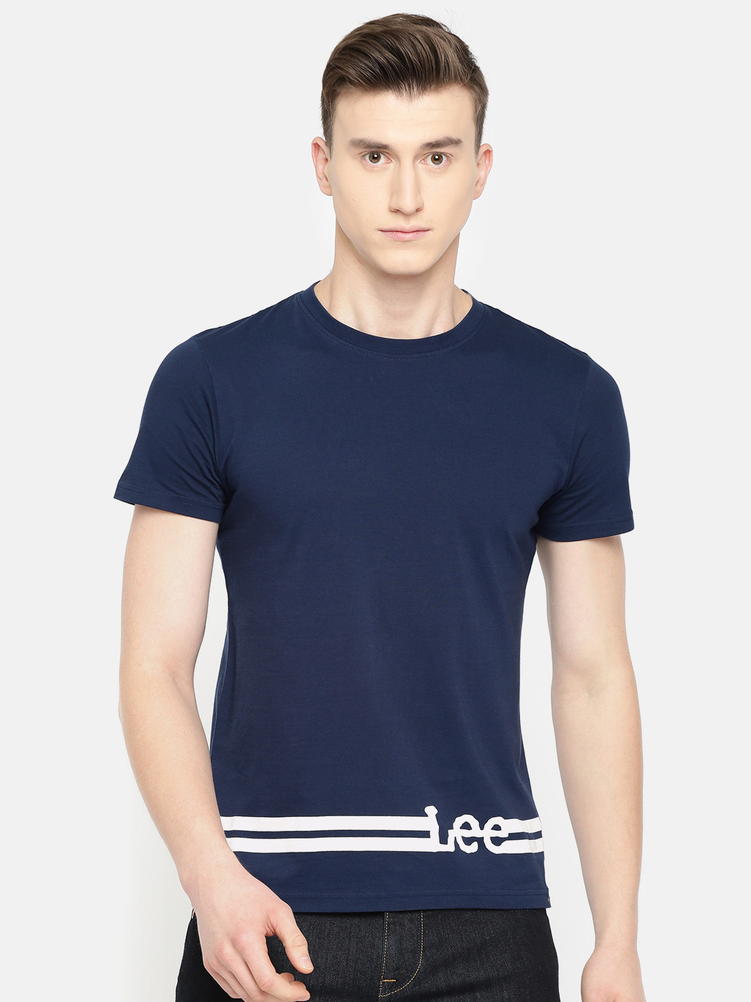 Buy Lee Men Blue Printed Round Neck Pure Cotton T Shirt - Tshirts for ...