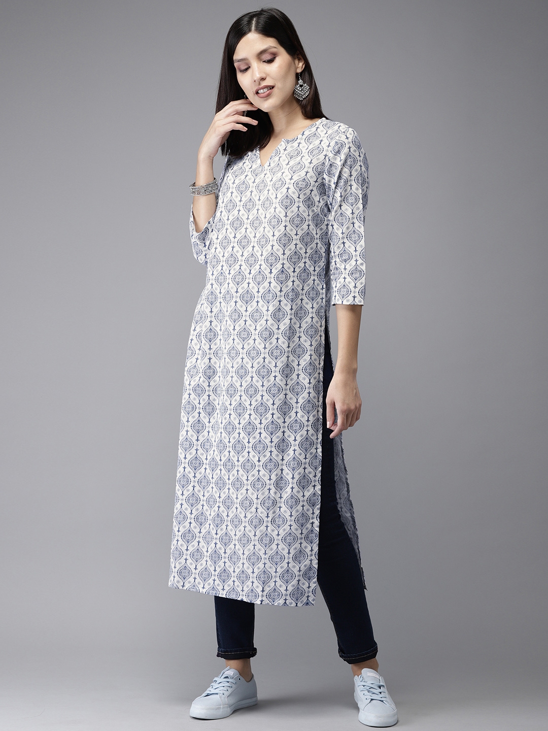 Buy Anouk Women White And Navy Blue Printed Straight Kurta Kurtas For
