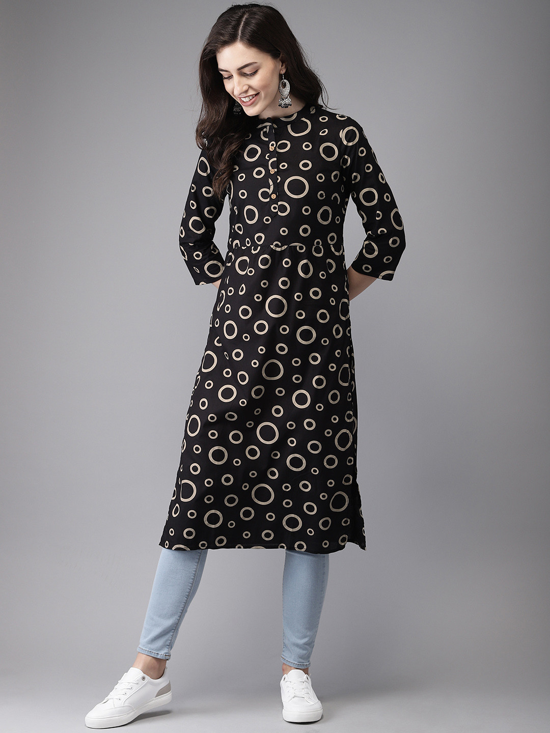 Buy Anouk Women Black & Beige Printed A Line Kurta - Kurtas for Women ...