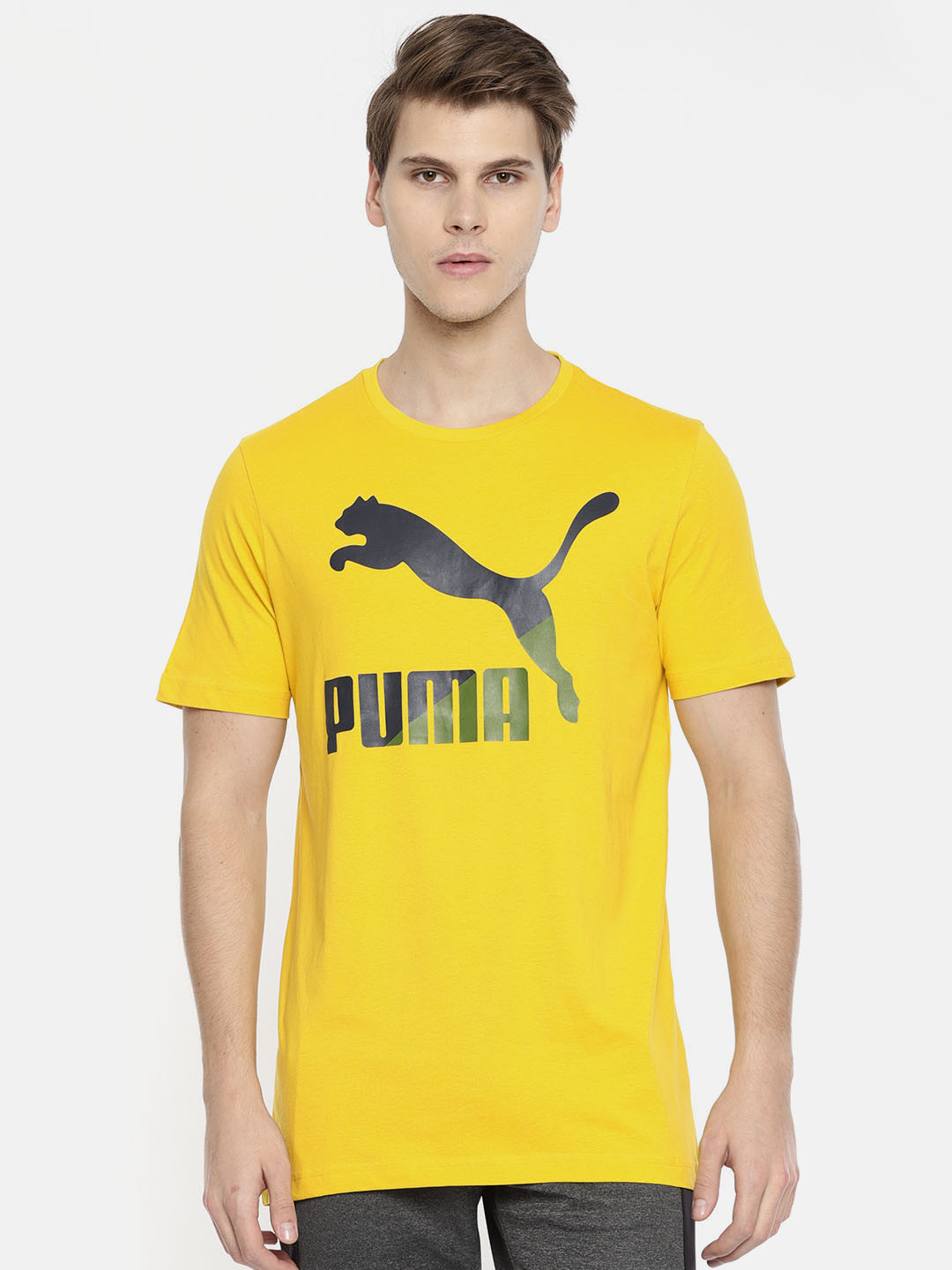 Buy Puma Men Mustard Yellow Printed Round Neck Classics Logo Sulphur ...
