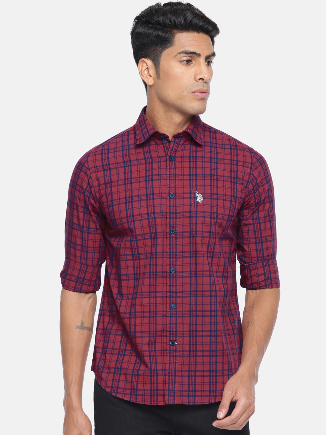 Buy U.S. Polo Assn. Men Maroon & Navy Blue Tailored Fit Checked Casual ...
