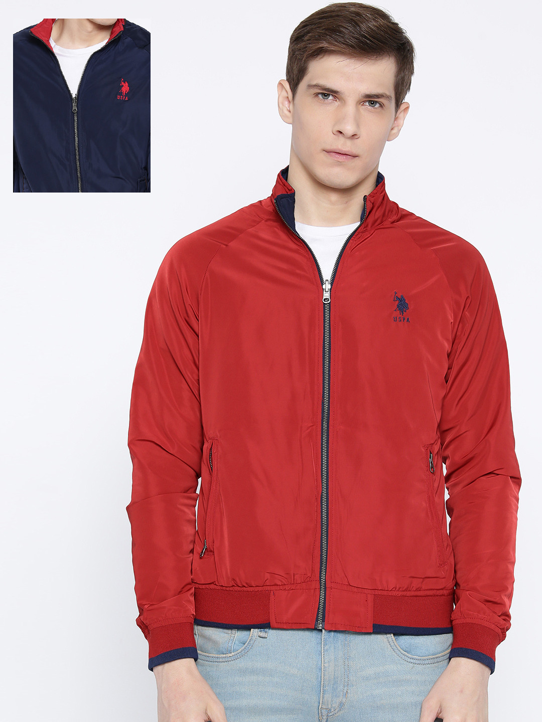 Buy U.S. Polo Assn. Men Navy Blue & Rust Red Reversible Solid Bomber ...