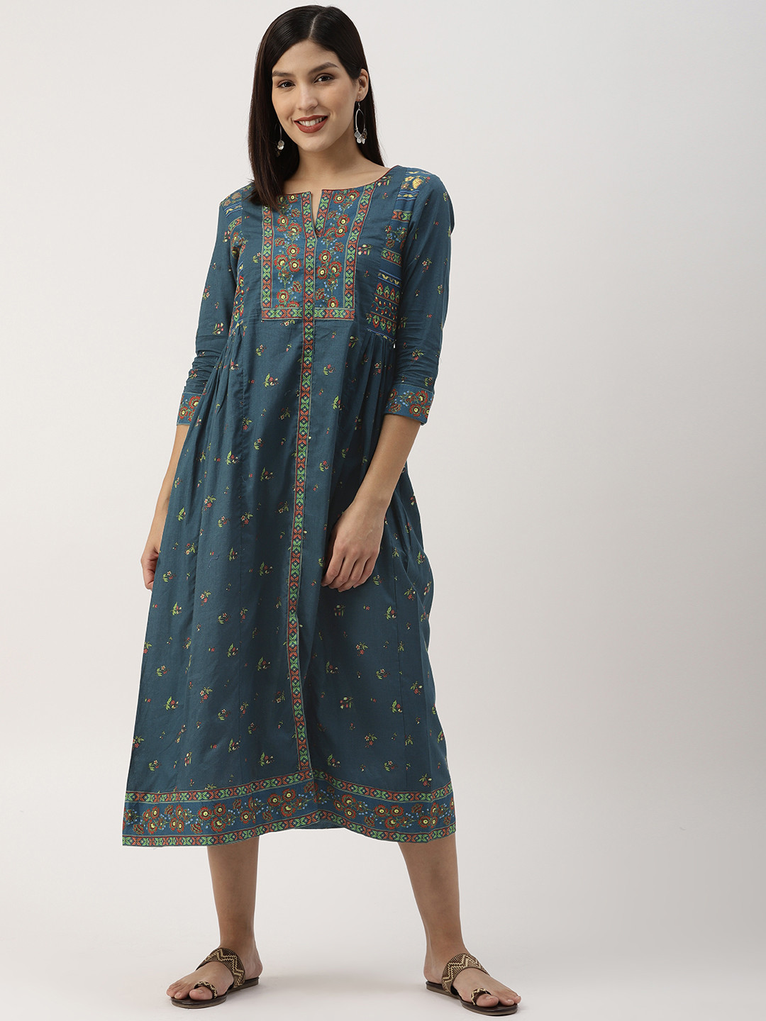 Buy IMARA Women Teal Blue Printed A Line Dress - Dresses for Women ...