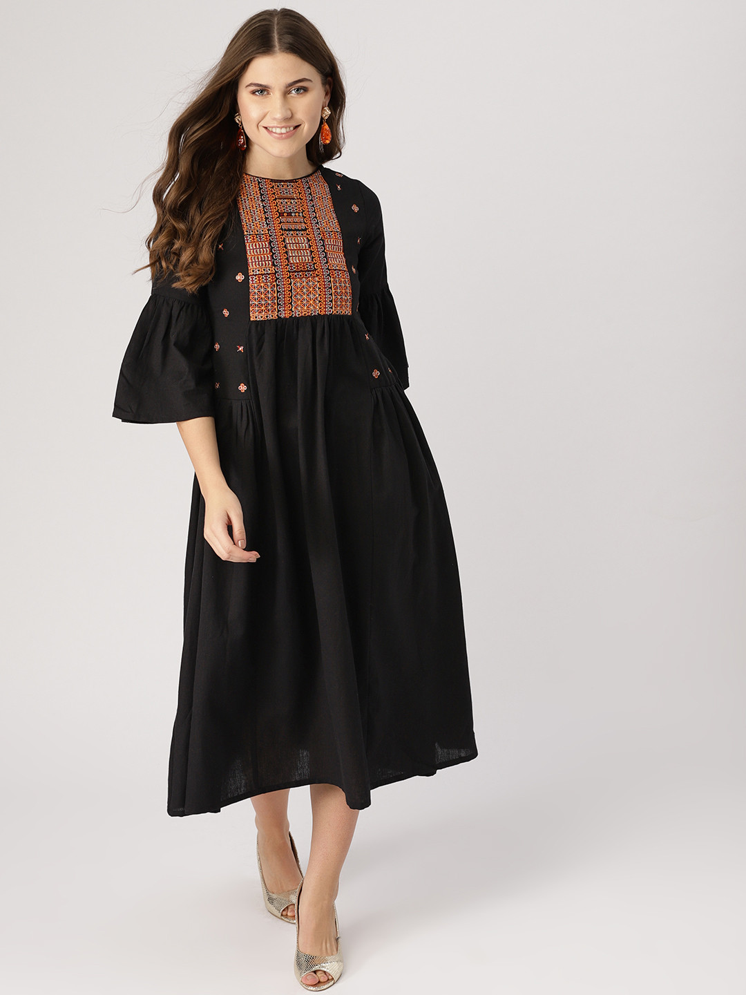 Buy IMARA Women Black Embroidered Detail A Line Dress - Ethnic Dresses ...