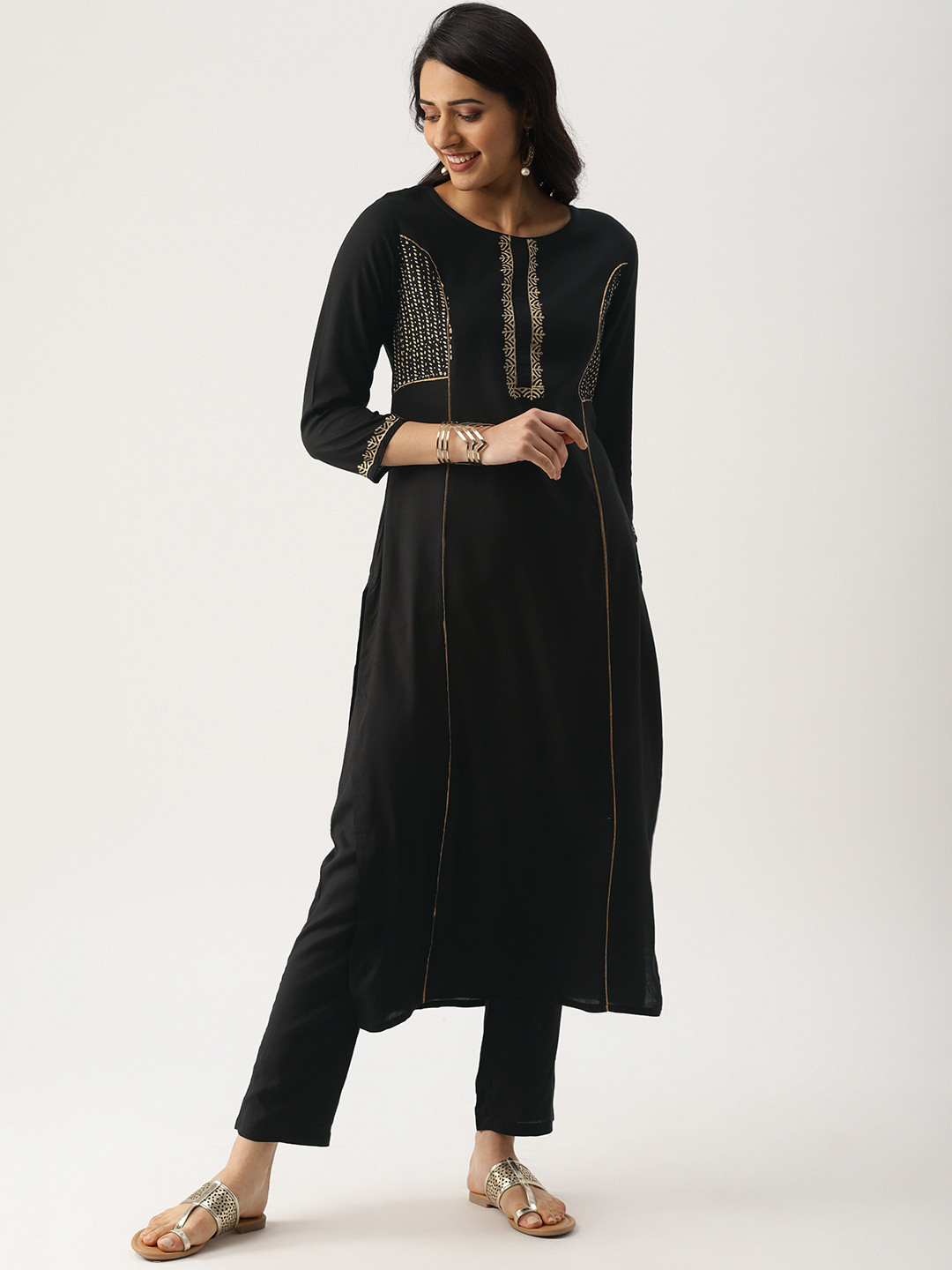 Buy IMARA Women Black Printed Kurta With Trousers - Kurta Sets for ...