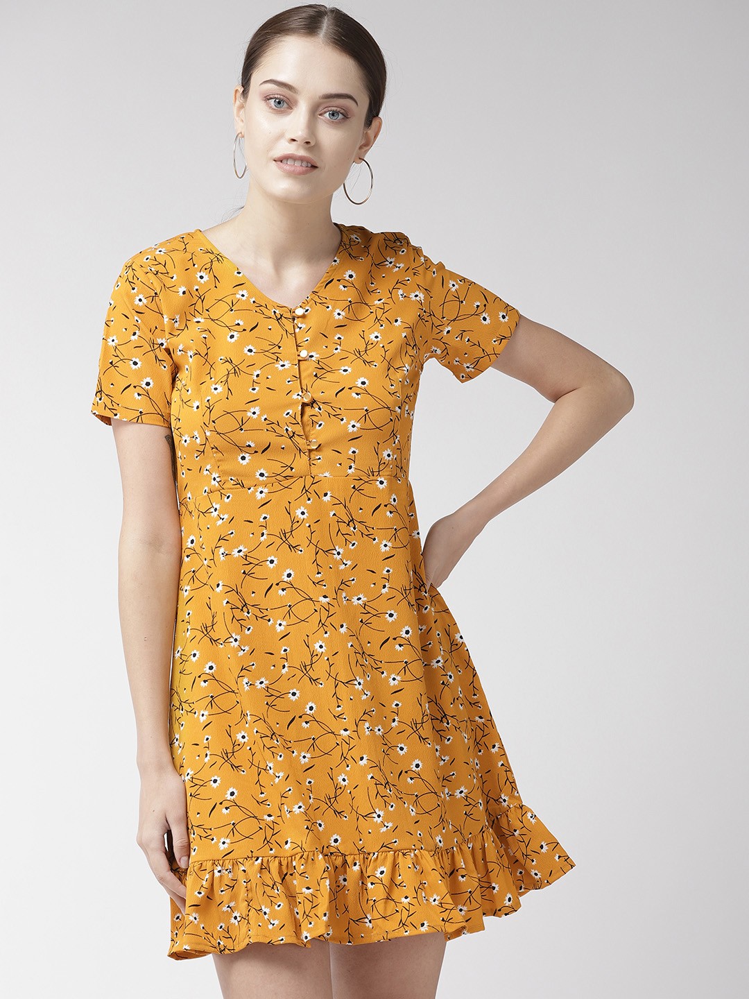 Buy Pluss Women Mustard Yellow And Black Floral Printed A Line Dress