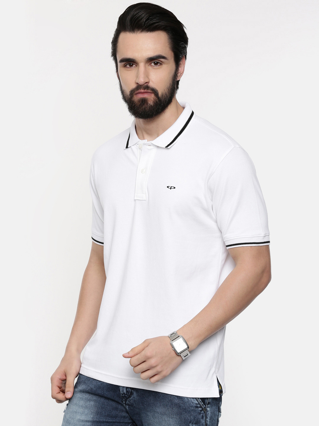 Buy ColorPlus Men White Tailored Fit Solid Polo Collar T Shirt ...