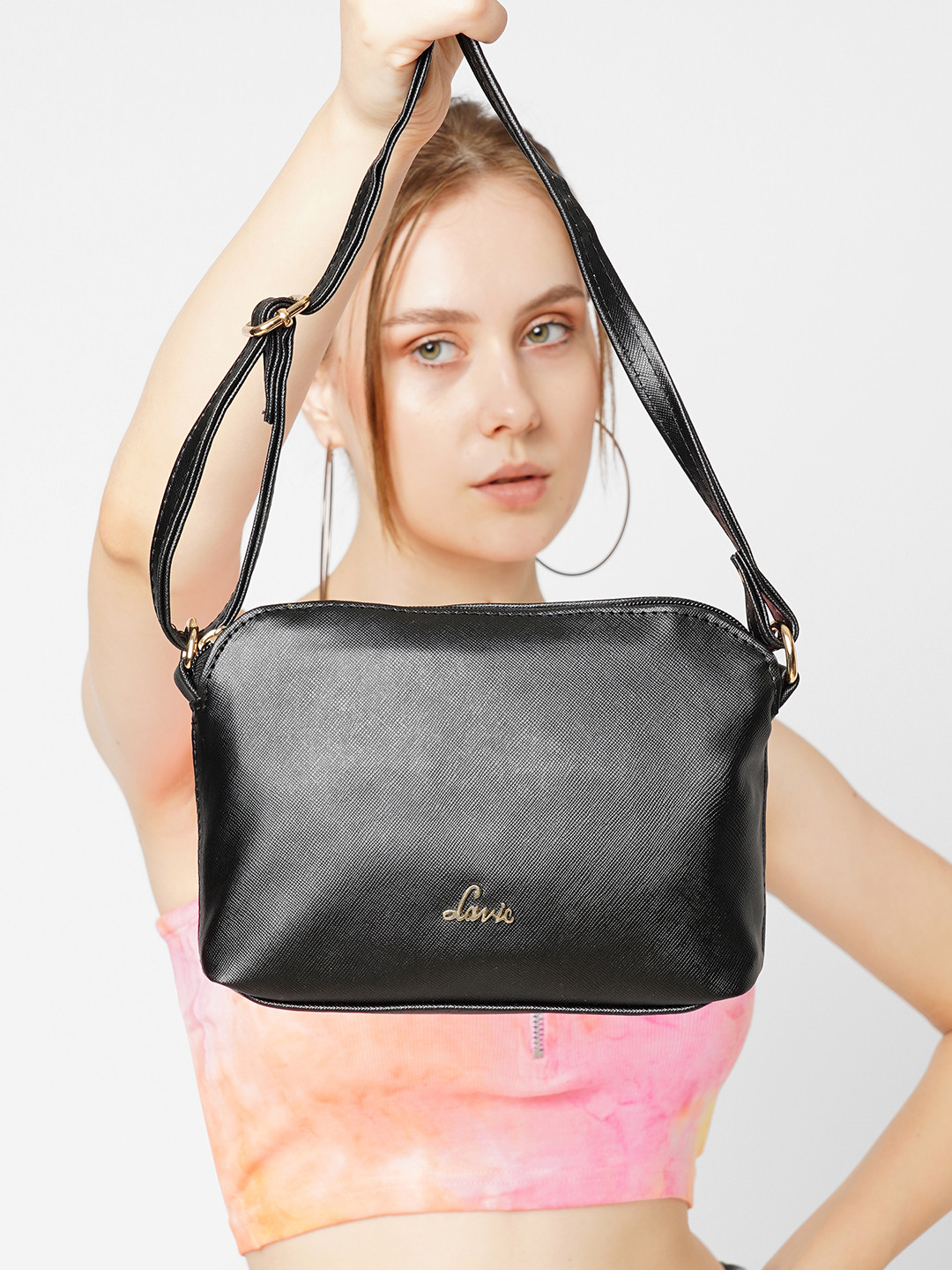 Buy Lavie Mortiz Csb Black Textured Structured Sling Bag - Handbags for ...