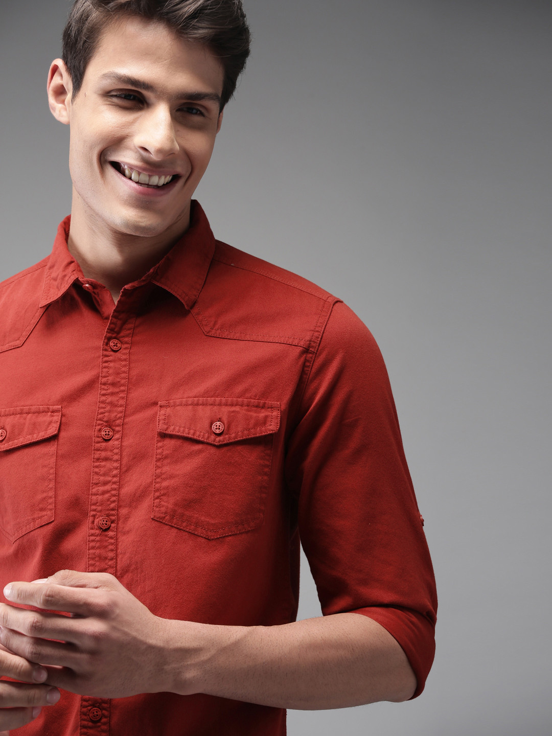 Buy HERE&NOW Men Rust Red Slim Fit Solid Casual Shirt - Shirts for Men ...