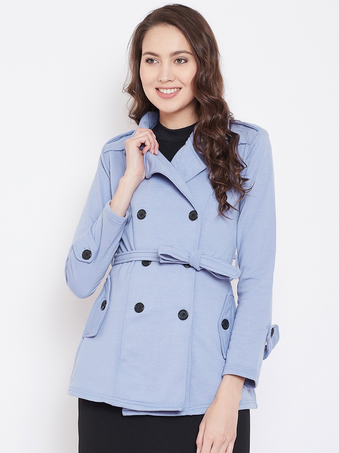 Buy Belle Fille Women Blue Solid Double Breasted Tailored Jacket ...