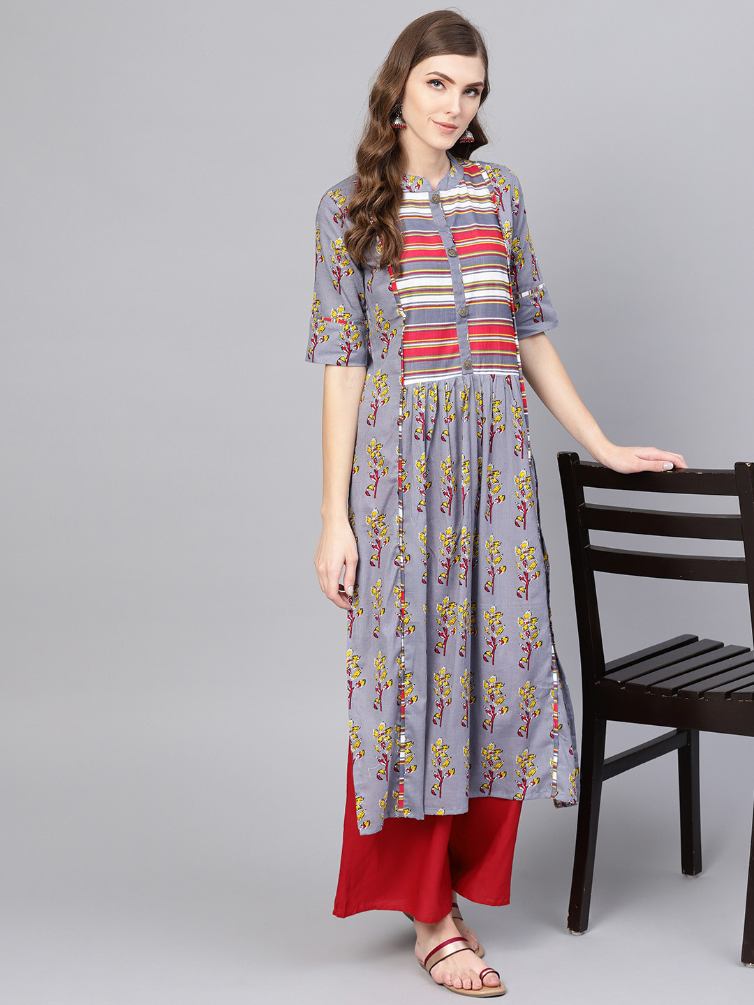Buy Yuris Women Grey & Pink Printed A Line Kurta - Kurtas for Women ...