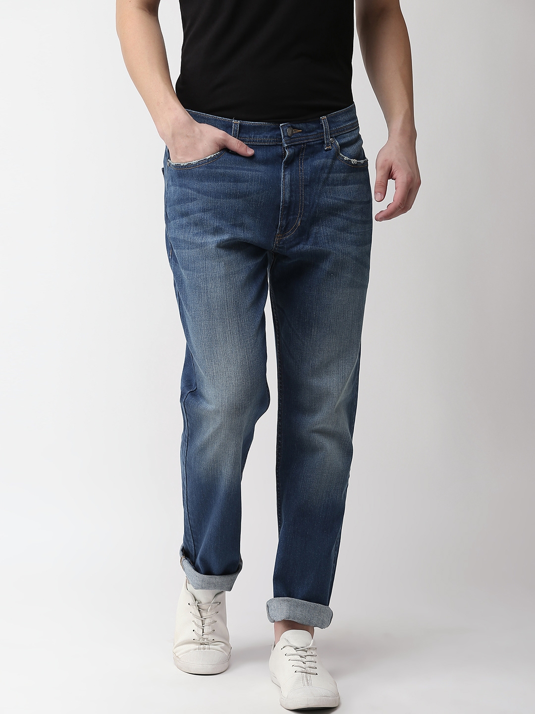 Buy Marks And Spencer Men Blue Straight Fit Mid Rise Clean Look Stretchable Jeans Jeans For Men